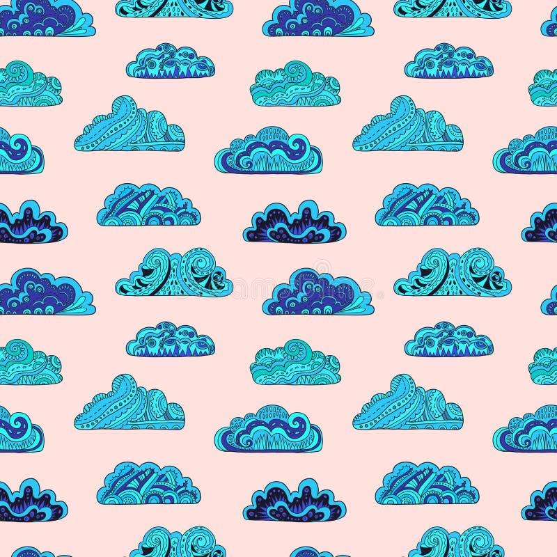Seamless Pattern with Doodle Ornate Mandala Clouds. Hand Drawn Vector ...