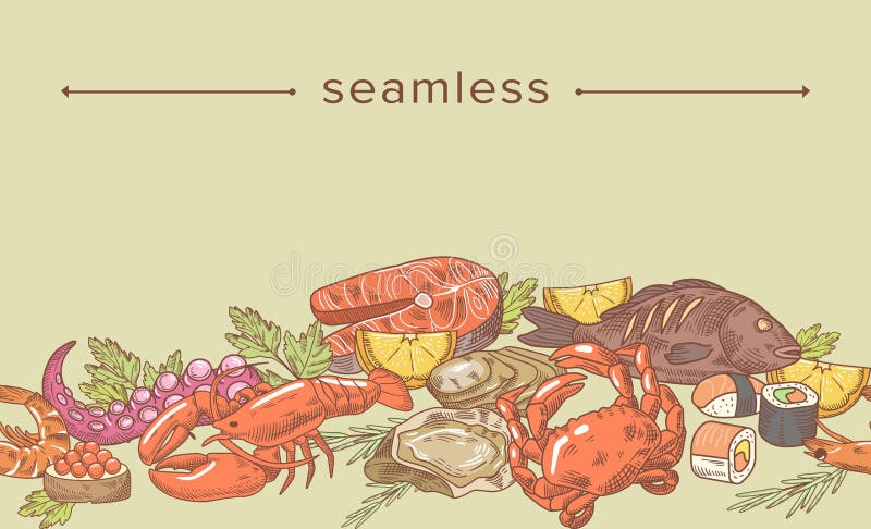 Seamless Pattern with Doodle Seafood Composition, Border or Sketch ...
