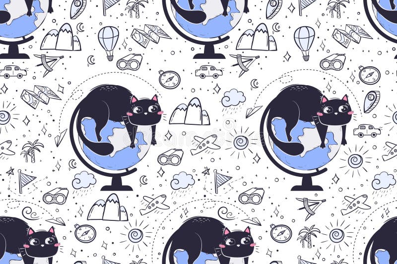 Seamless Pattern in Doodle Style with Funny Cat for School Subject ...