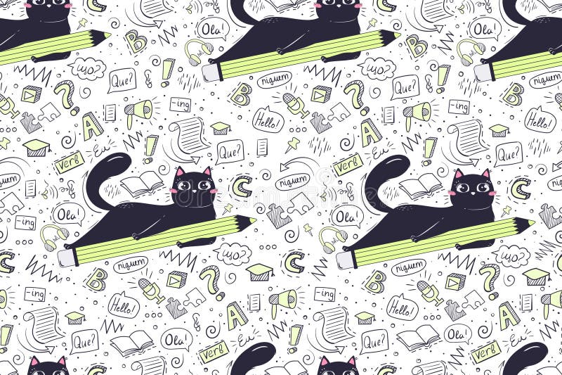 Seamless Pattern in Doodle Style with Funny Cat for School Subject ...