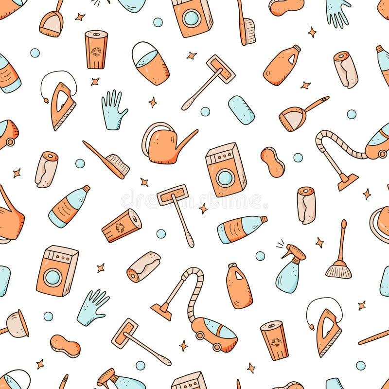 Seamless Pattern Doodle Style Vector Cleaning Elements. a Set of ...