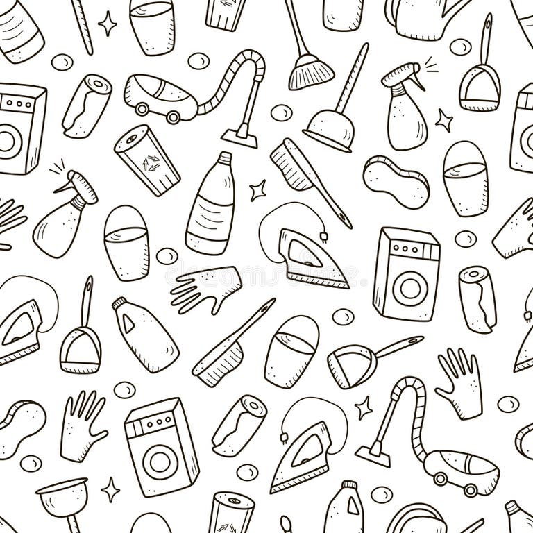 Seamless Pattern Doodle Style Vector Cleaning Elements. a Set of ...