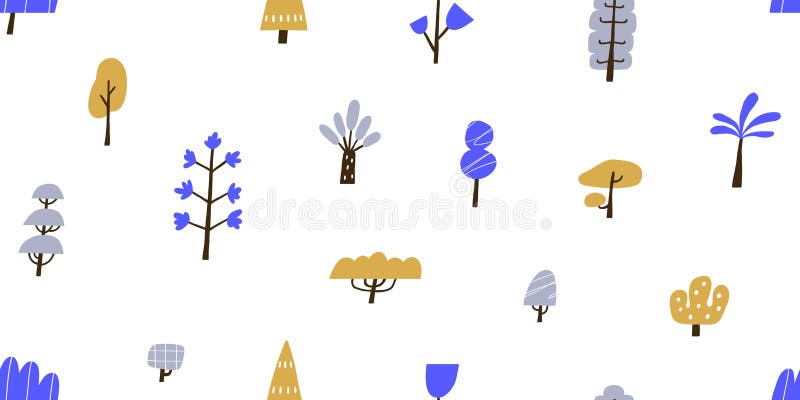 Seamless Pattern with Doodle Trees, Forest Plants in Abstract Naive ...