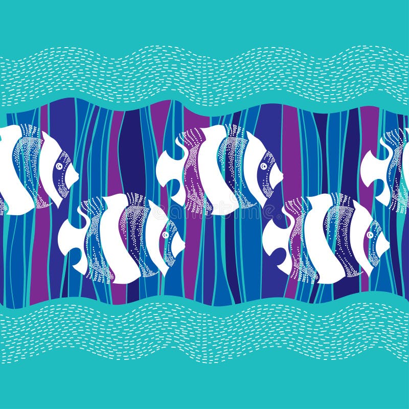 Seamless Pattern with Dotted White Fish and Waves Stock Vector ...