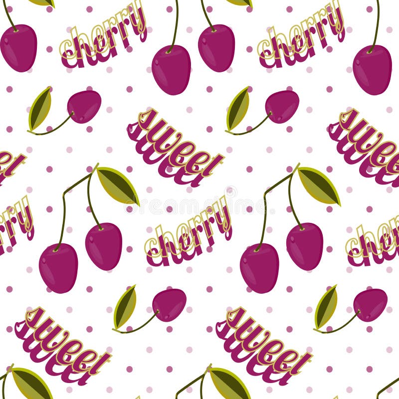 Seamless Pattern with Double Cherry on Twig with Leaves and Text- Sweet ...