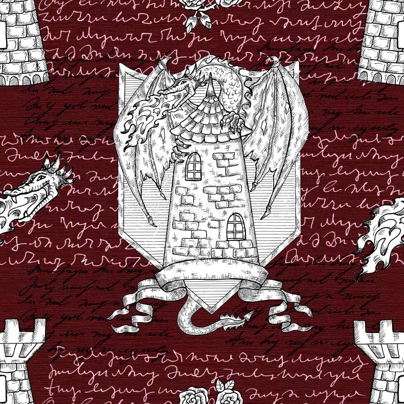 Seamless Pattern with Dragon, Old Castle Tower, Banner and Handwritten ...
