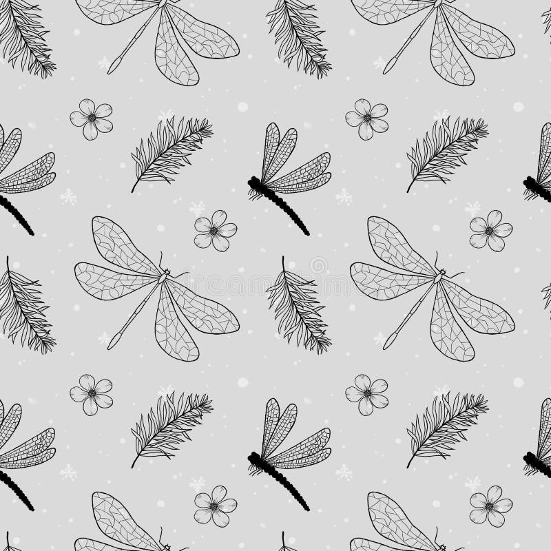 Seamless Pattern with Dragonflies. Line Drawing. Illustration of ...