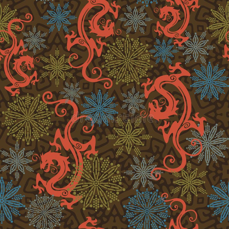 Seamless Pattern with Dragons and Ethnic Flowers Stock Illustration ...
