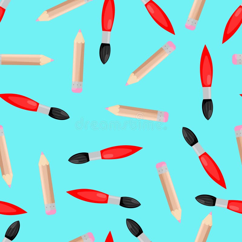 Seamless Pattern with a Drawing Brush and Pencil on a Blue Background ...