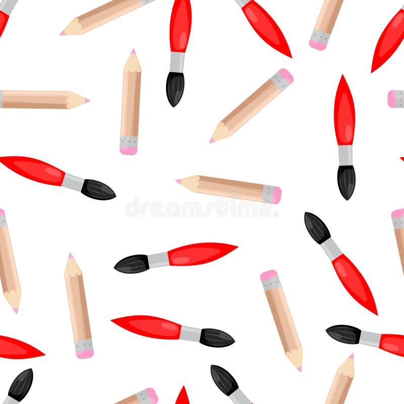 Seamless Pattern with a Drawing Brush and Pencil on a White Background ...