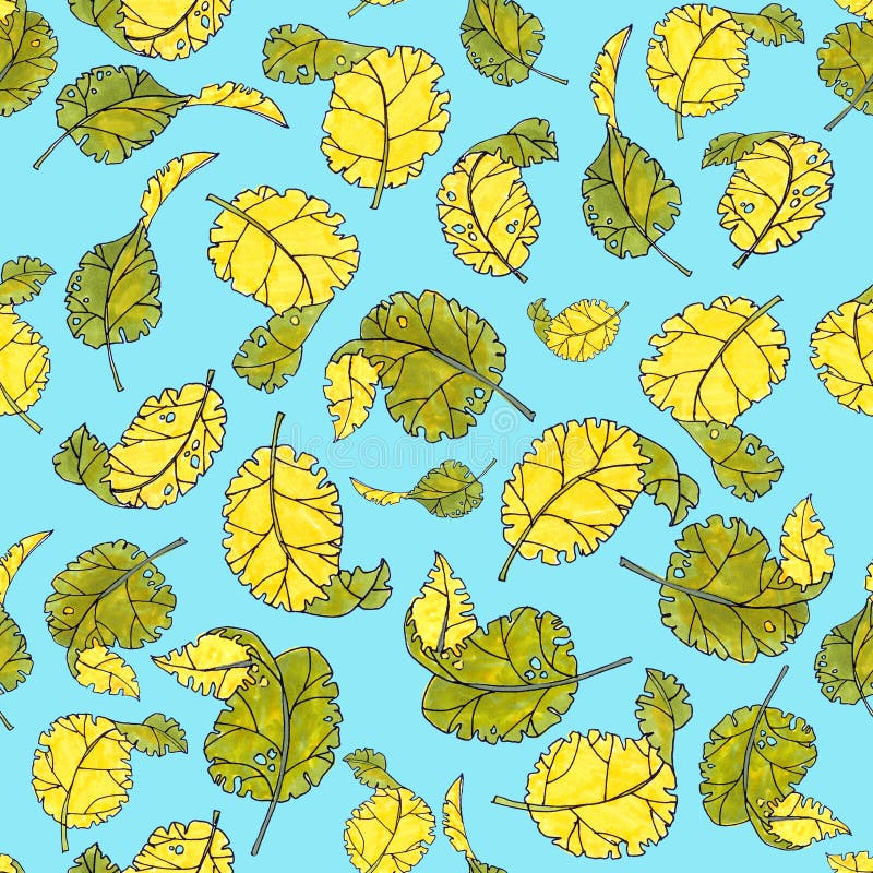 Seamless Pattern Drawing Spring Summer Autumn Leaves on a Blue ...