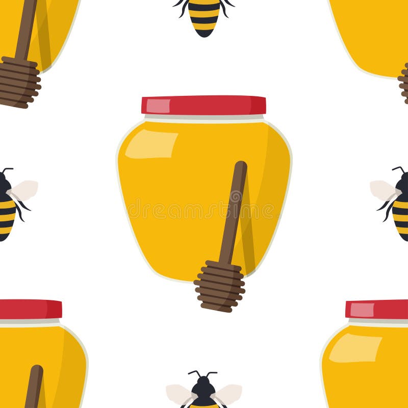 Seamless Pattern with Drawing Yellow Bees and a Jar of Honey. Food ...