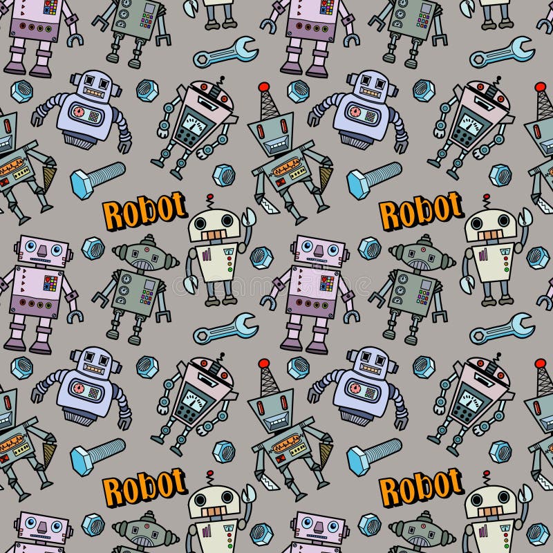 Seamless Pattern. Drawings in Doodle Style. Cute Robots, Simple ...