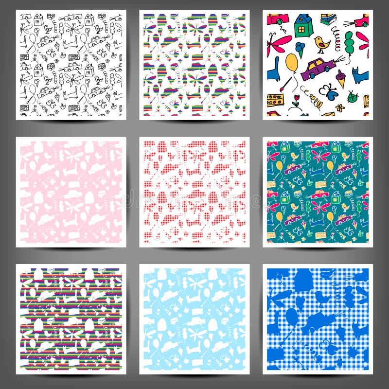 Seamless Pattern, Drawn in a Childlike Style. Set Stock Illustration ...