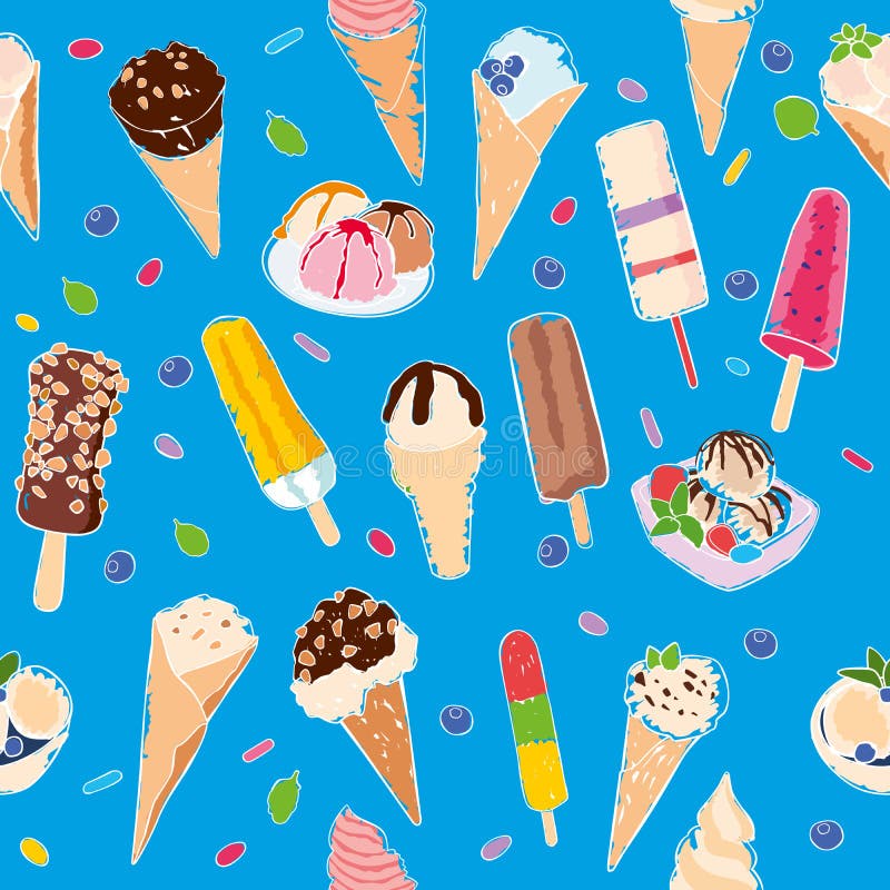 Seamless Pattern. Drawn Different Varieties of Ice Cream on a Blue ... Seamless Pattern. Drawn Different Varieties of Ice Cream on a Blue ...