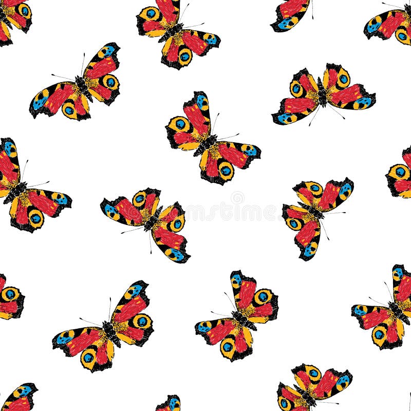 Seamless Pattern of Drawn Flying Red Butterflies Stock Vector ...