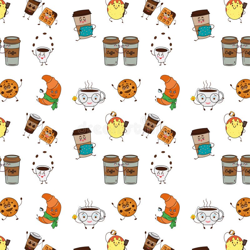 Seamless Pattern Drinks Funny Characters Coffee Tea Grains Coffee ...
