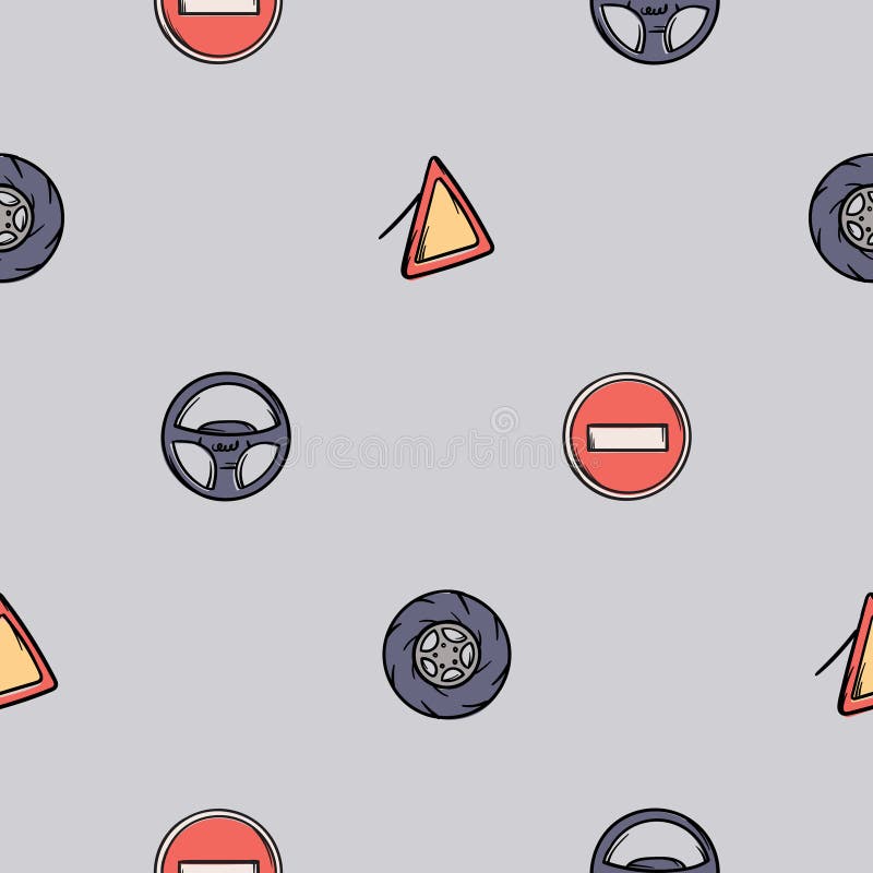 Seamless Pattern with Driving School Accessories, Steering Wheel, Wheel ...