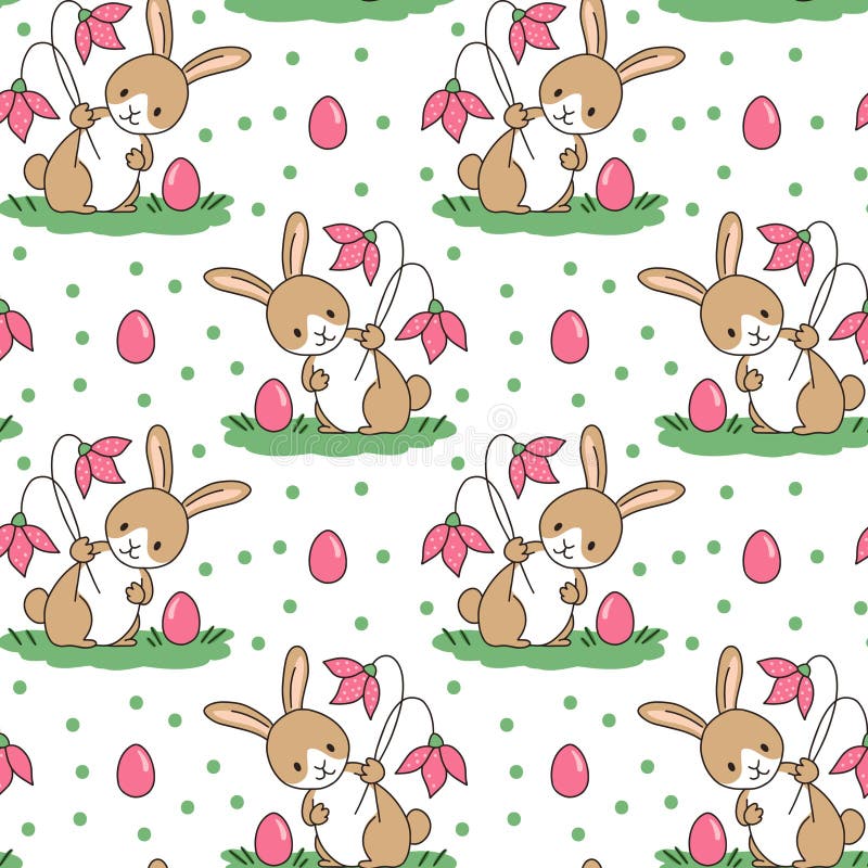 Seamless Pattern with Easter Bunny and Flowers. Flat Style Stock Vector ...