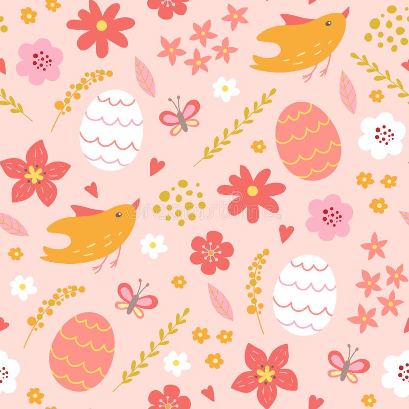 Seamless Pattern with Easter Eggs, Flowers and Birds Stock Illustration ...