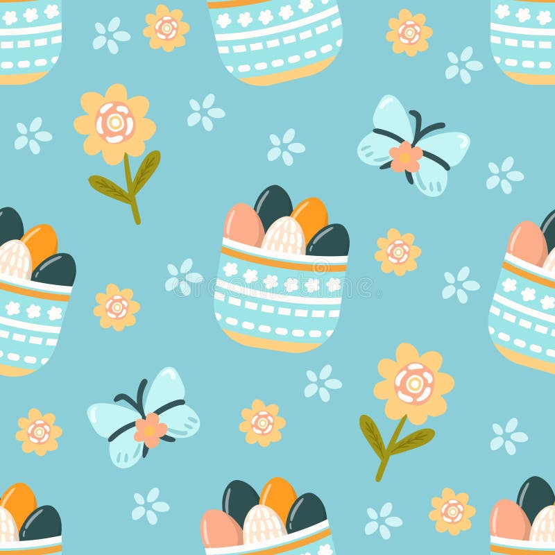 Seamless Pattern Easter with Flowers Cartoons Easter Basket Stock ...