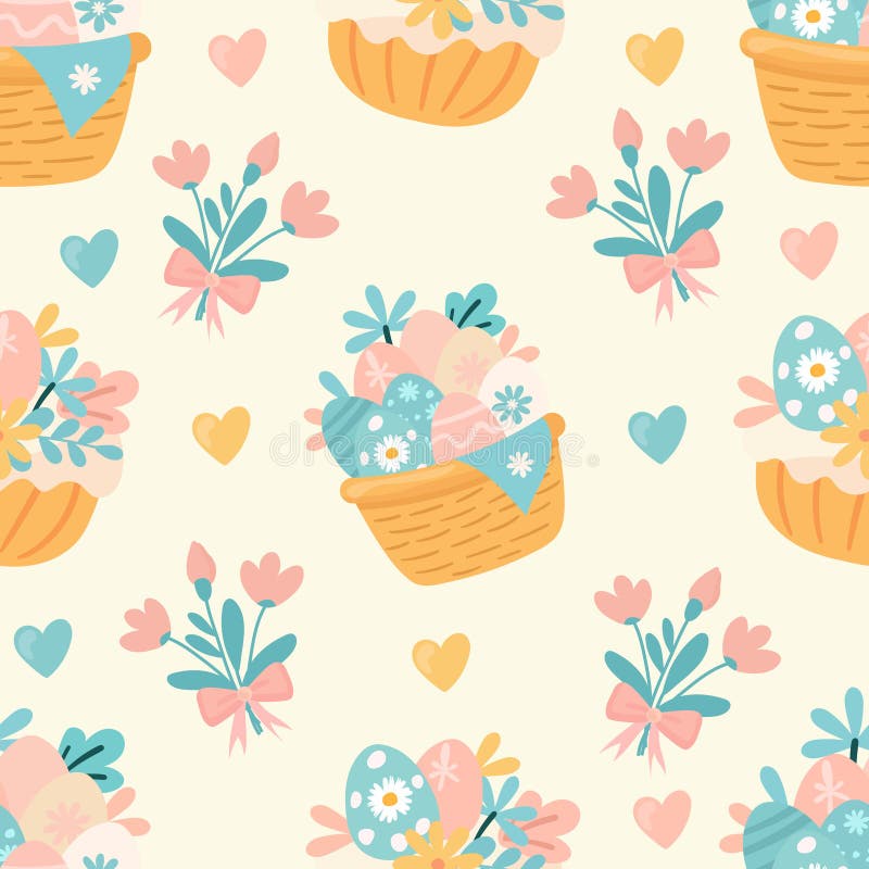 Seamless Pattern Easter with Flowers Cartoons Easter Basket Stock ...