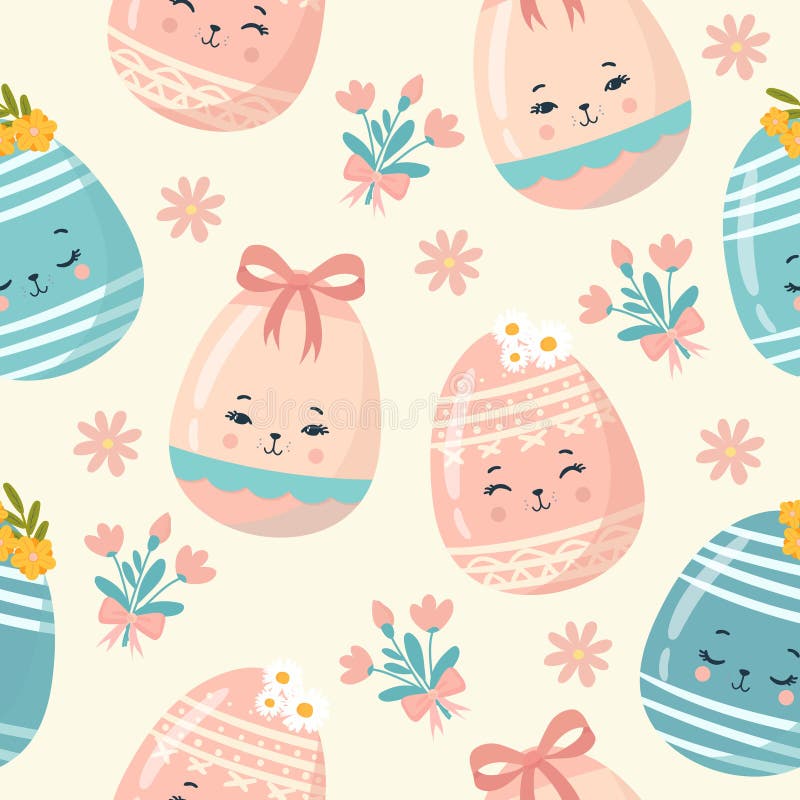 Seamless Pattern Easter with Flowers Cartoons Eggs with Cute Faces ...