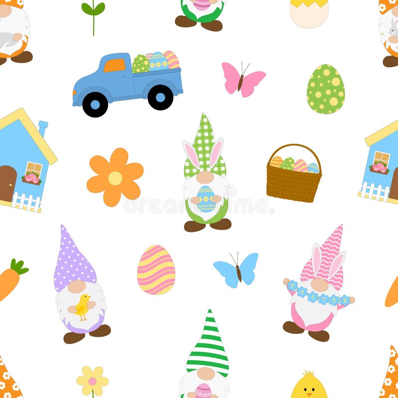Seamless Pattern Easter Gnomes Vector Illustration Stock Vector - Illustration of gnomes, ears ...