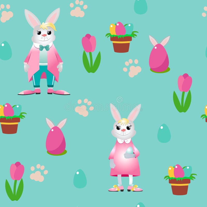 Seamless Pattern Easter Rabbits in Clothes and a Decorative Egg with ...
