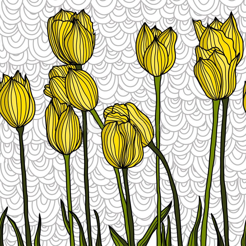 Yellow Tulip Seamless Pattern, Blue Background Stock Vector ...