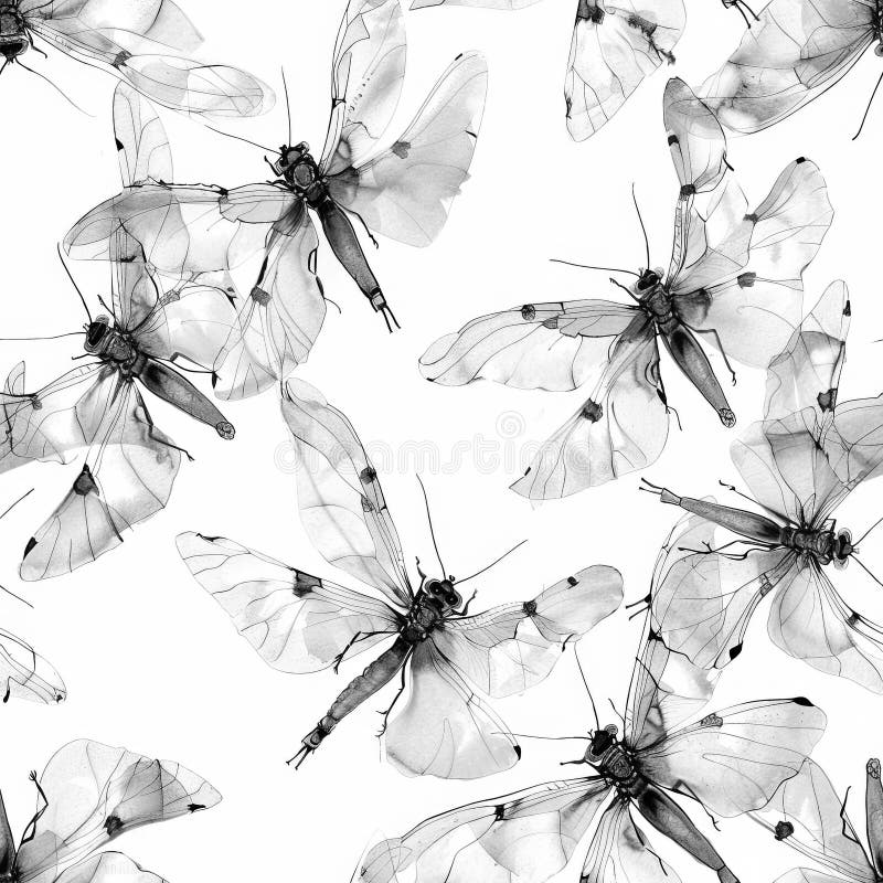 Seamless Pattern with Elegant Flying Insects in Monochrome, Contour ...