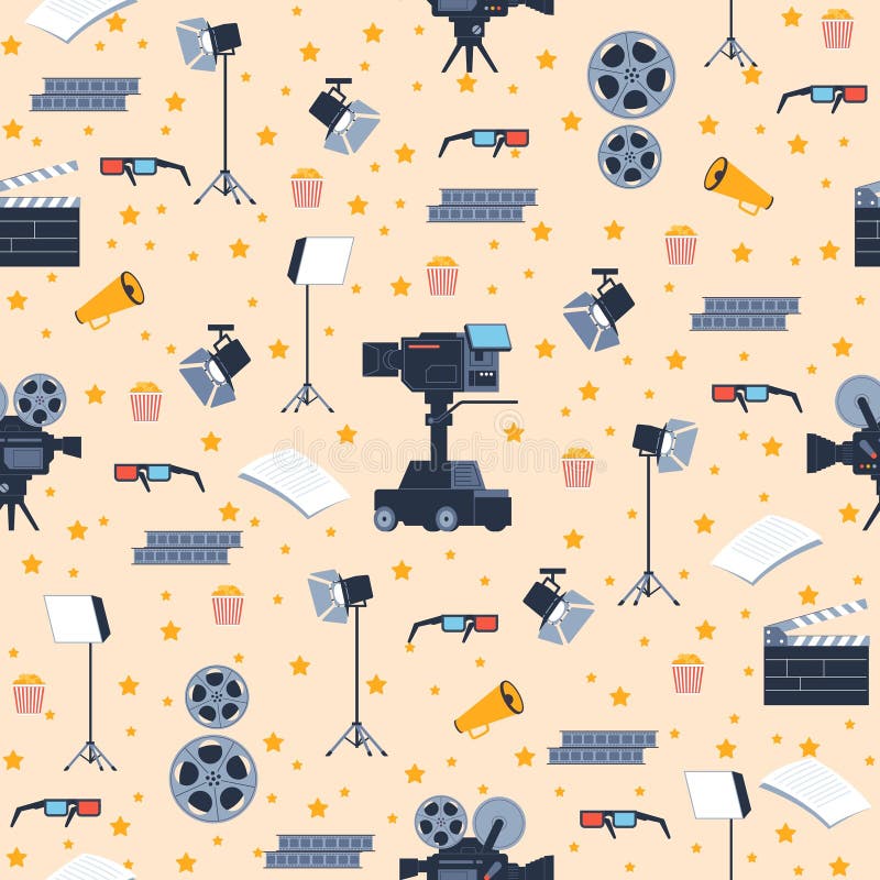 Seamless Pattern with Elements of Movie Industry. Filmmaking Equipment ...