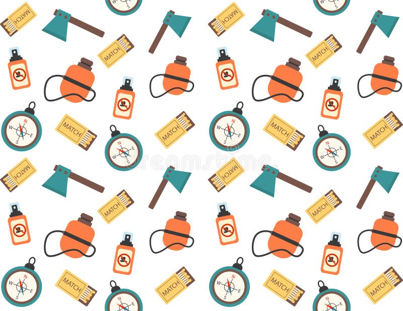 Seamless Pattern with Elements for a Picnic, Survival Kit, Axe, Matches ...