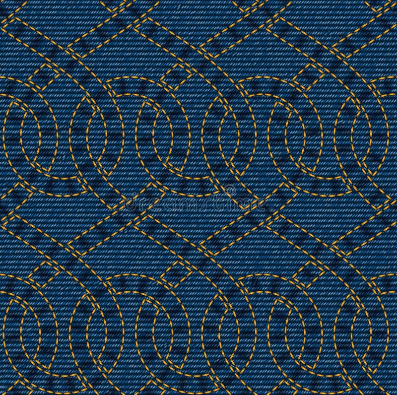Vector Seamless Pattern Embroidered On Blue Denim Texture Background