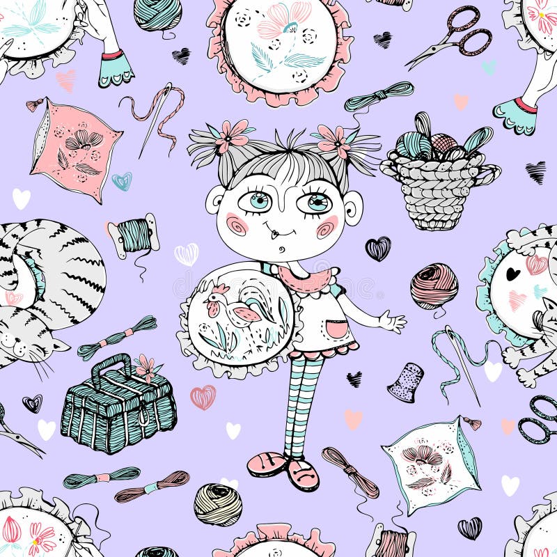 Seamless Pattern on the Embroidery Theme. Needlework Girls and ...