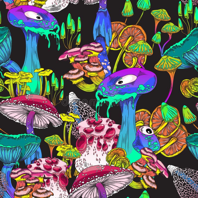 Seamless Pattern with Psychedelic Hallucinogenic Mushrooms, Vector ...