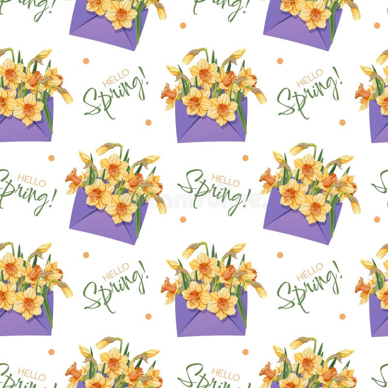 Seamless Pattern with Envelopes Filled with Yellow Daffodils. Elegant ...