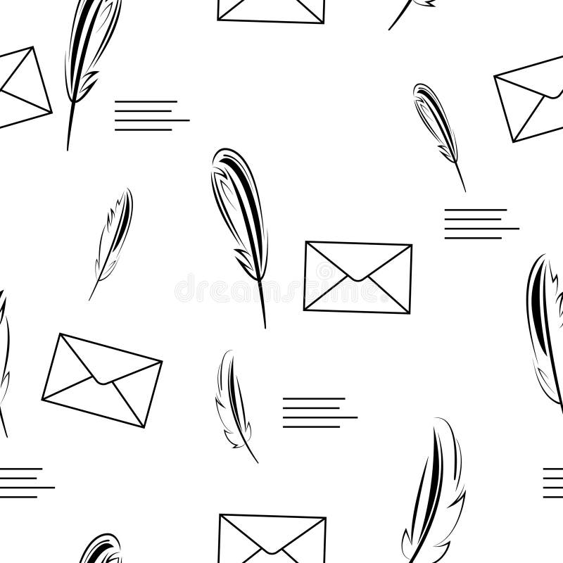 Seamless Pattern of Envelopes Letters and Bird Feathers. Graphic Set ...