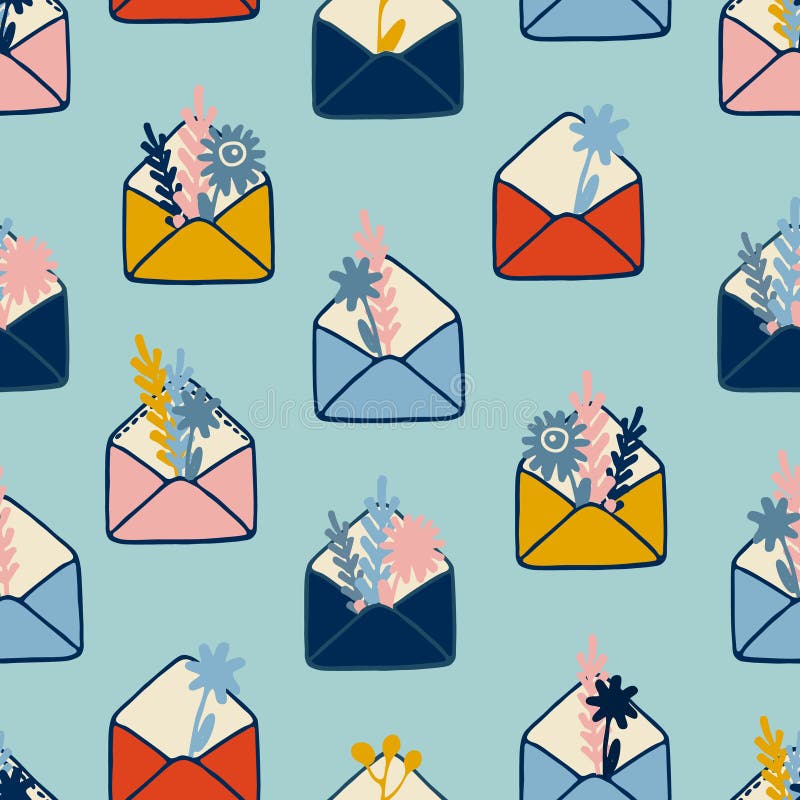 Seamless Pattern with Envelopes with Tulip Flowers for Surface Design ...