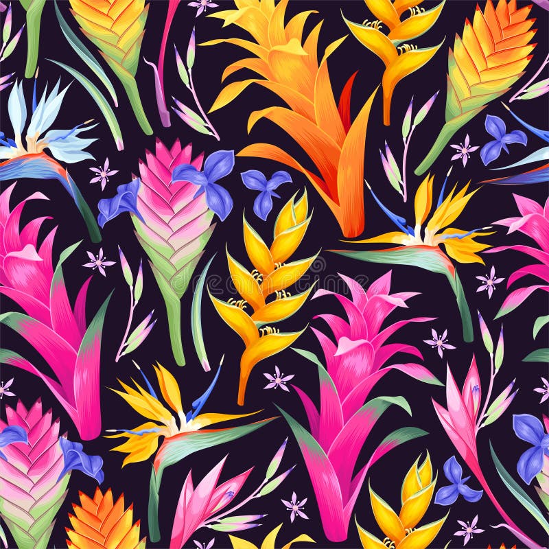 Seamless Pattern with Exotic Flowers and Leaves Stock Vector ...