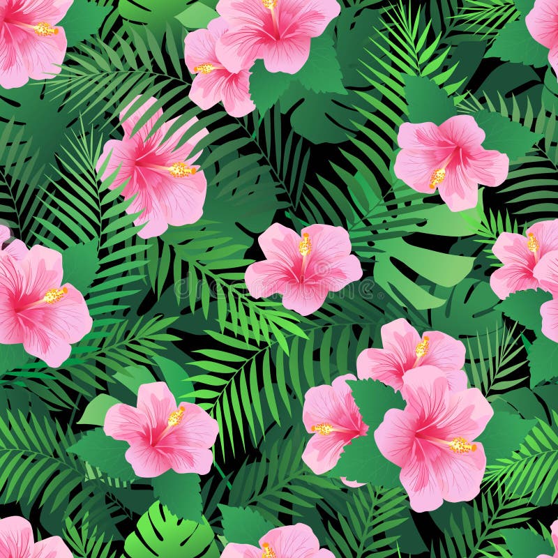 Seamless Pattern with Exotic Hibiscus Flowers and Palm Leaves. Endless ...