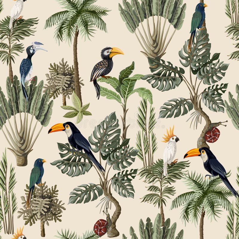 Seamless Pattern with Exotic Trees and Animals. Interior Vintage ...