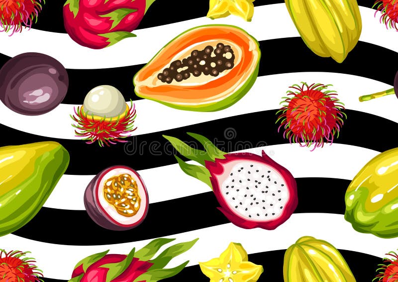 Seamless Pattern with Exotic Tropical Fruits. Illustration of Asian ...