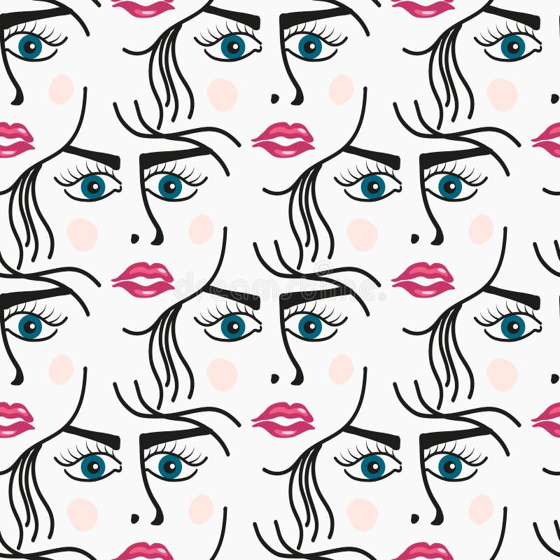 Seamless Pattern with Face of Woman. Stock Vector - Illustration of ...