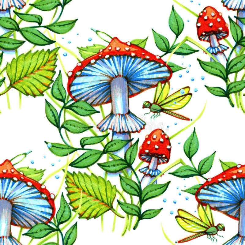 Seamless Pattern with Fairy Tale Forest Fly Agaric, Forest Plants ...