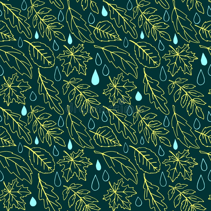 Seamless Pattern of Falling Leaves with Raindrops. Leaf Fall and Rain ...