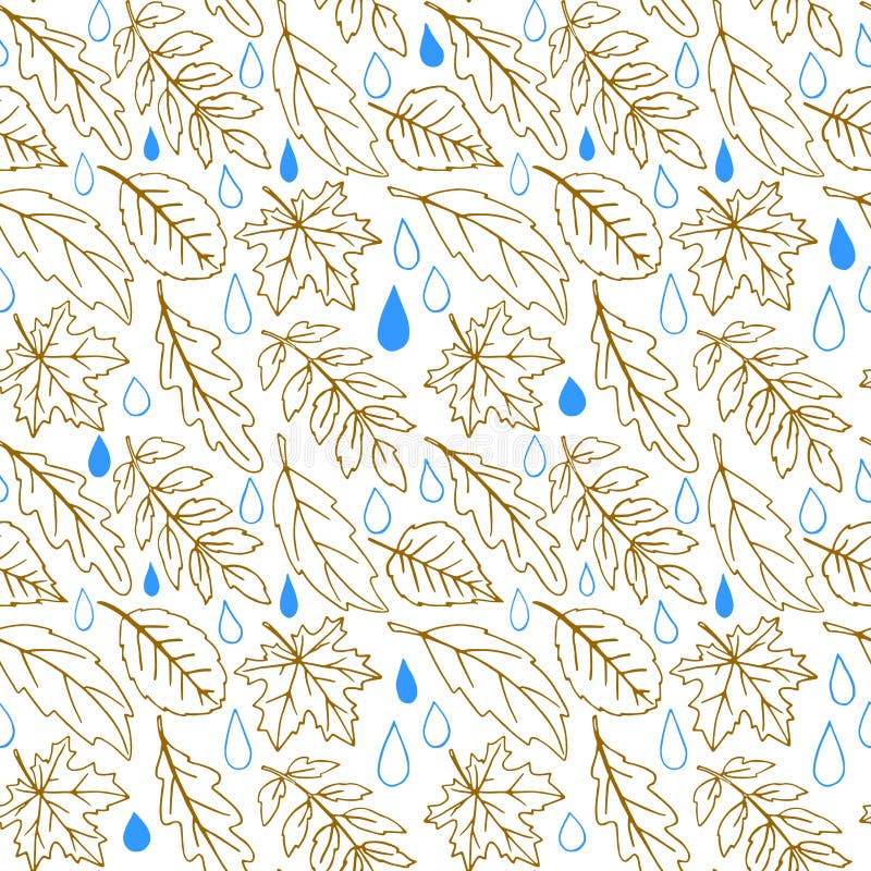 Seamless Pattern Of Falling Leaves With Raindrops. Leaf Fall And Rain ...