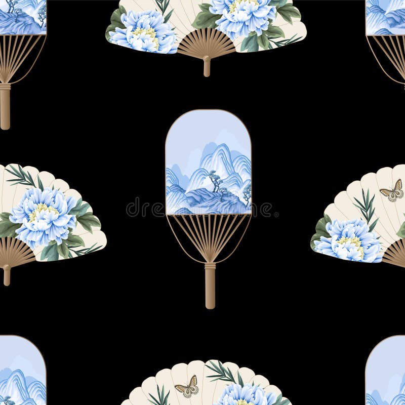 Seamless Pattern with Fans with Chinese Mountanes, Peonies and Birds ...