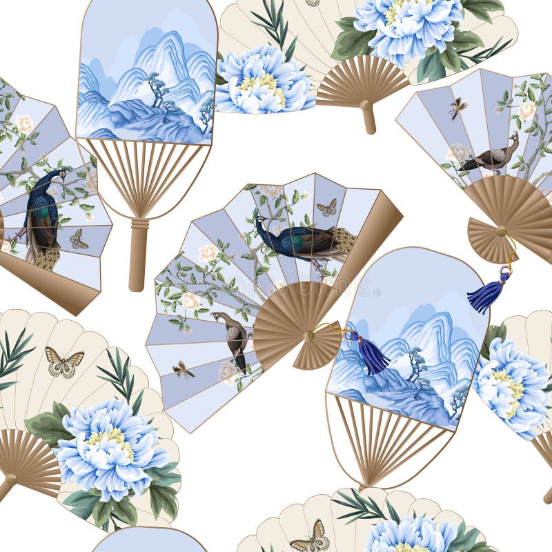 Seamless Pattern with Fans with Chinese Mountanes, Peonies and Birds ...