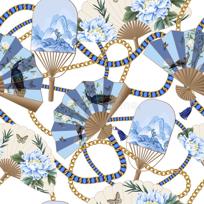 Seamless Pattern with Fans with Chinese Mountanes, Peonies and Birds ...